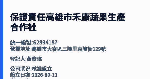 保證責任高雄市禾康蔬果生產合作社的照片-統編 62894187(高雄市) 公司登記資料與營業項目詳細圖表