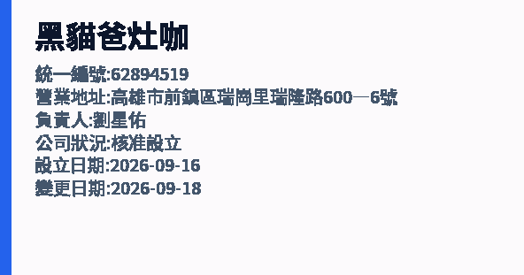 黑貓爸灶咖的照片-統編 62894519(高雄市) 公司登記資料與營業項目詳細圖表