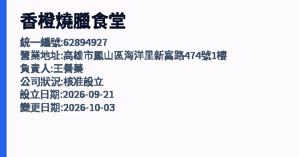 香橙燒臘食堂的照片-統編 62894927(高雄市) 公司登記資料與營業項目詳細圖表