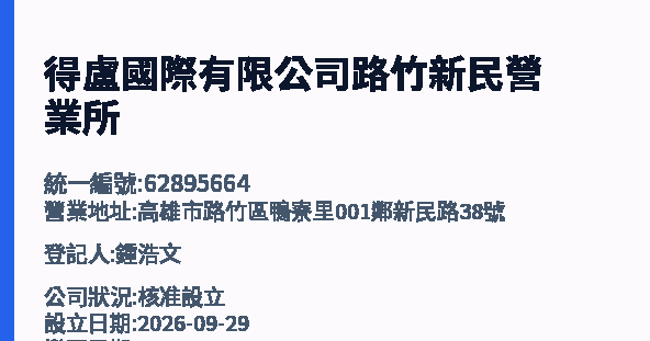 得盧國際有限公司路竹新民營業所的照片-統編 62895664(高雄市) 公司登記資料與營業項目詳細圖表
