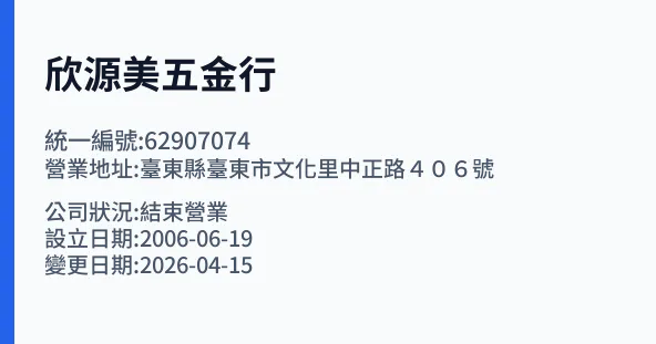 欣源美五金行的照片-統編 62907074(臺東縣) 公司登記資料與營業項目詳細圖表