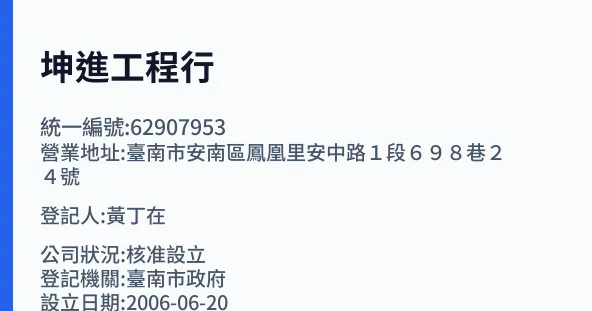 坤進工程行的照片-統編 62907953(臺南市) 公司登記資料與營業項目詳細圖表