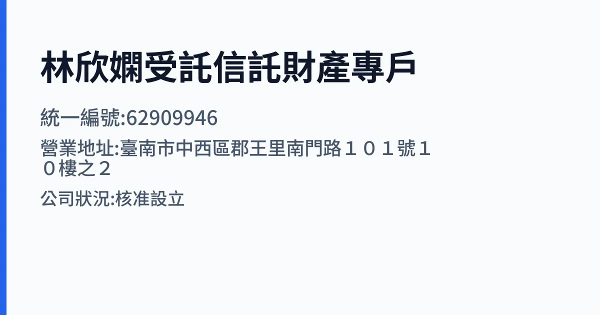 林欣嫻受託信託財產專戶 - 統編 62909946(臺南市) 公司登記資料與營業項目詳細圖表