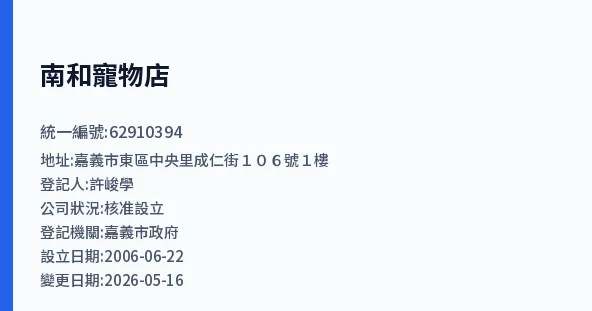 南和寵物店的照片-統編 62910394(嘉義市) 公司登記資料與營業項目詳細圖表