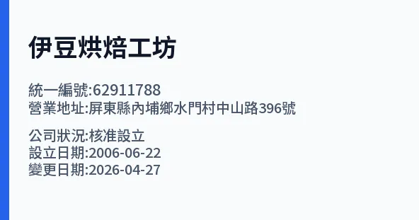 伊豆烘焙工坊的照片-統編 62911788(屏東縣) 公司登記資料與營業項目詳細圖表