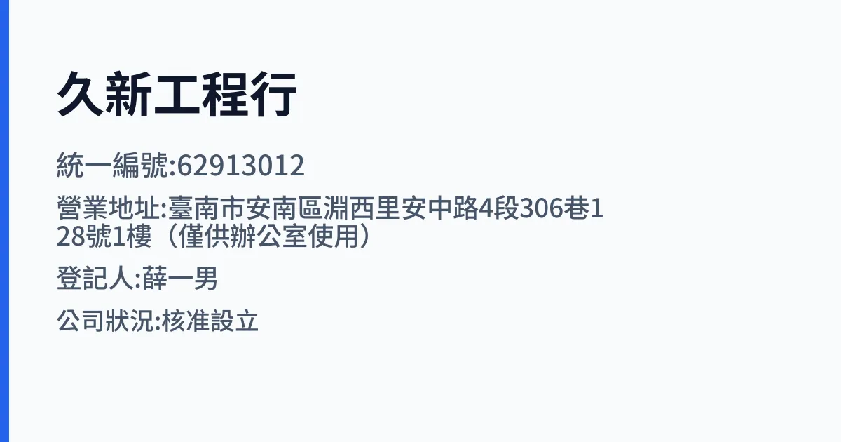久新工程行 - 統編 62913012(臺南市) 公司登記資料與營業項目詳細圖表