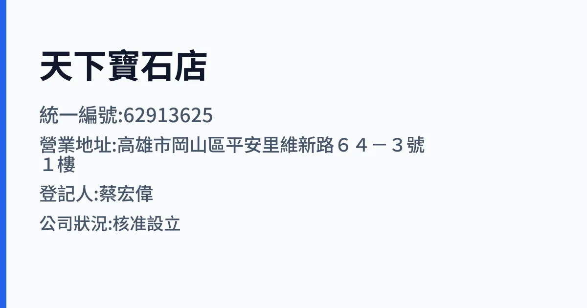 天下寶石店 - 統編 62913625(高雄市) 公司登記資料與營業項目詳細圖表