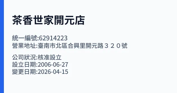 茶香世家開元店的照片-統編 62914223(臺南市) 公司登記資料與營業項目詳細圖表