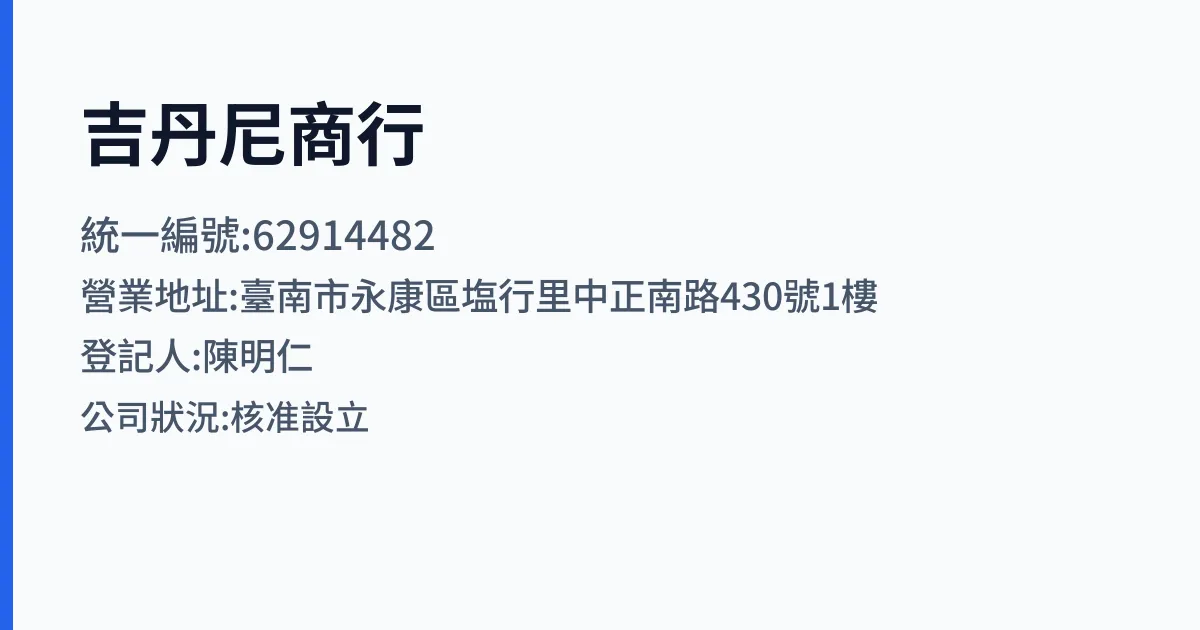 吉丹尼商行 - 統編 62914482(臺南市) 公司登記資料與營業項目詳細圖表