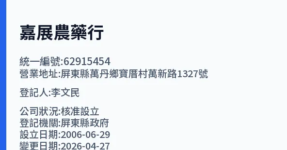 嘉展農藥行的照片-統編 62915454(屏東縣) 公司登記資料與營業項目詳細圖表