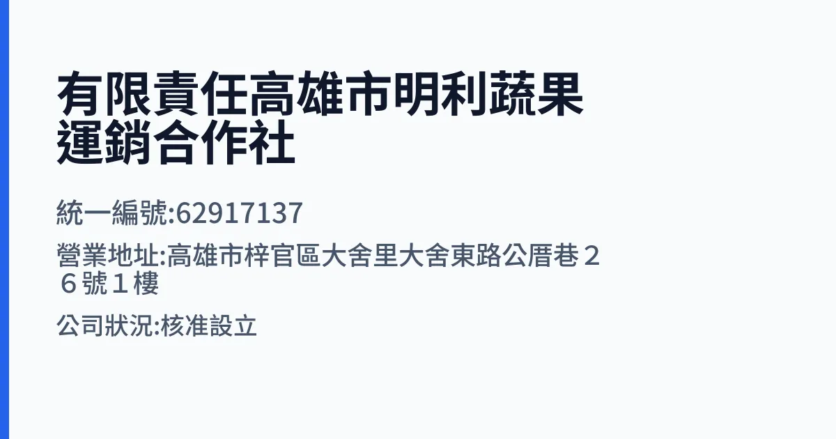 有限責任高雄市明利蔬果運銷合作社 - 統編 62917137(高雄市) 公司登記資料與營業項目詳細圖表