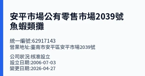 安平市場公有零售市場2039號魚蝦類攤的照片-統編 62917143(臺南市) 公司登記資料與營業項目詳細圖表