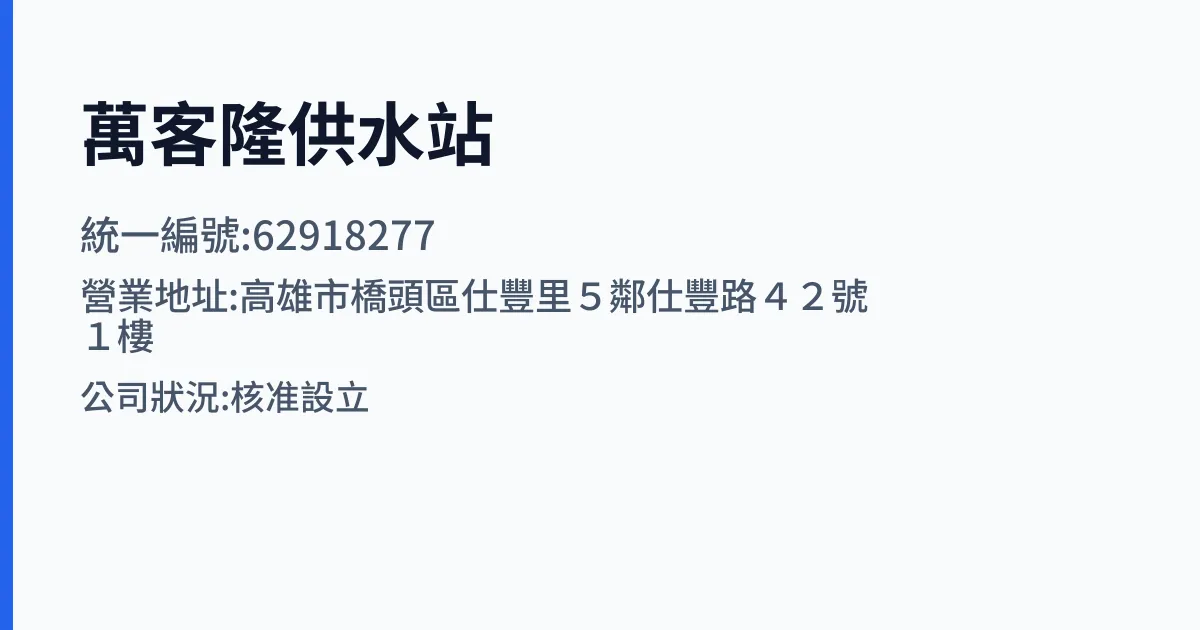 萬客隆供水站 - 統編 62918277(高雄市) 公司登記資料與營業項目詳細圖表