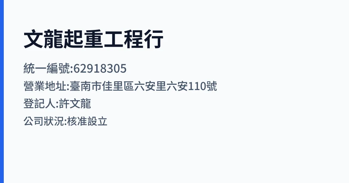 文龍起重工程行 - 統編 62918305(臺南市) 公司登記資料與營業項目詳細圖表