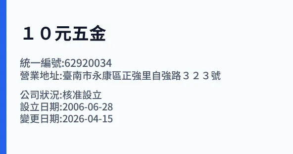 １０元五金的照片-統編 62920034(臺南市) 公司登記資料與營業項目詳細圖表