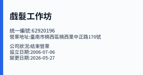 戲髮工作坊的照片-統編 62920196(臺南市) 公司登記資料與營業項目詳細圖表
