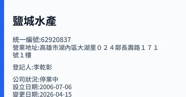 鹽城水產的照片-統編 62920837(高雄市) 公司登記資料與營業項目詳細圖表