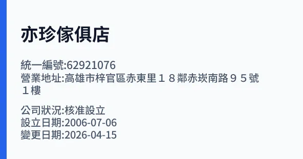 亦珍傢俱店的照片-統編 62921076(高雄市) 公司登記資料與營業項目詳細圖表