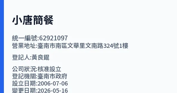 小唐簡餐的照片-統編 62921097(臺南市) 公司登記資料與營業項目詳細圖表