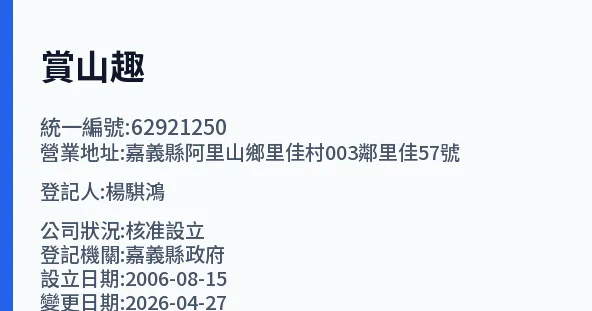 賞山趣的照片-統編 62921250(嘉義縣) 公司登記資料與營業項目詳細圖表
