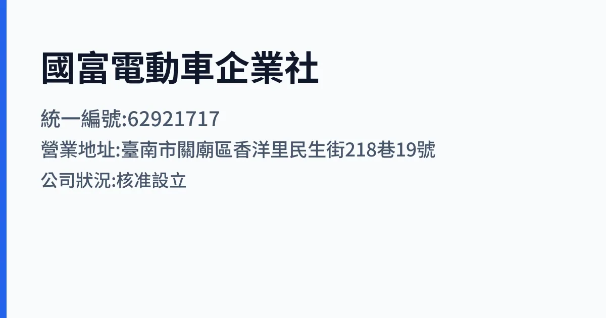 國富電動車企業社 - 統編 62921717(臺南市) 公司登記資料與營業項目詳細圖表
