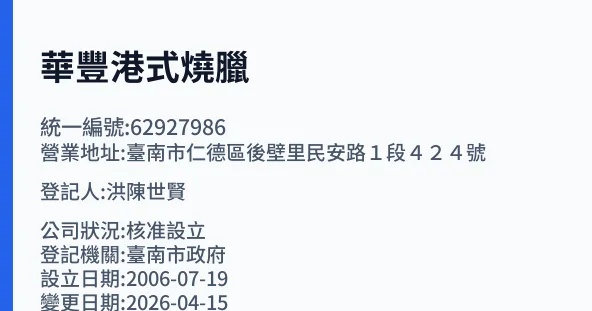 華豐港式燒臘的照片-統編 62927986(臺南市) 公司登記資料與營業項目詳細圖表
