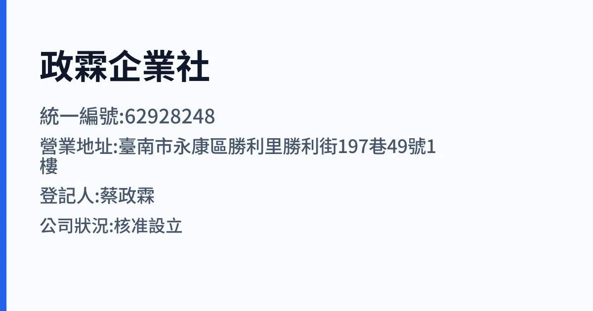 政霖企業社 - 統編 62928248（臺南市） 公司登記資料與營業項目詳細圖表
