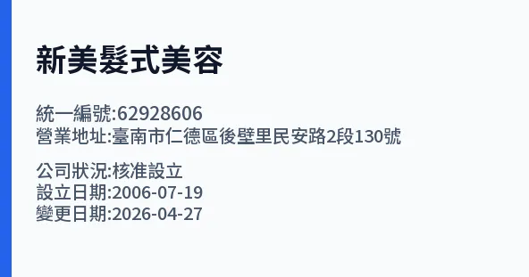 新美髮式美容的照片-統編 62928606(臺南市) 公司登記資料與營業項目詳細圖表
