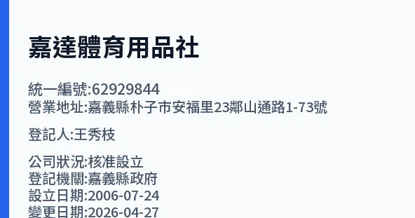 嘉達體育用品社的照片-統編 62929844(嘉義縣) 公司登記資料與營業項目詳細圖表