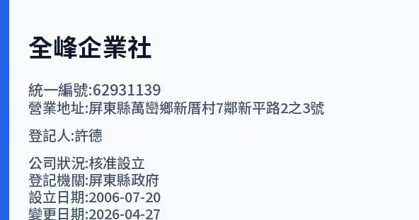 全峰企業社的照片-統編 62931139(屏東縣) 公司登記資料與營業項目詳細圖表