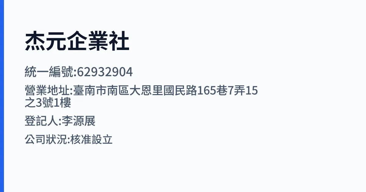 杰元企業社 - 統編 62932904(臺南市) 公司登記資料與營業項目詳細圖表