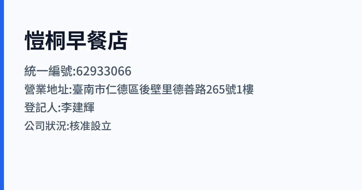 愷桐早餐店 - 統編 62933066(臺南市) 公司登記資料與營業項目詳細圖表