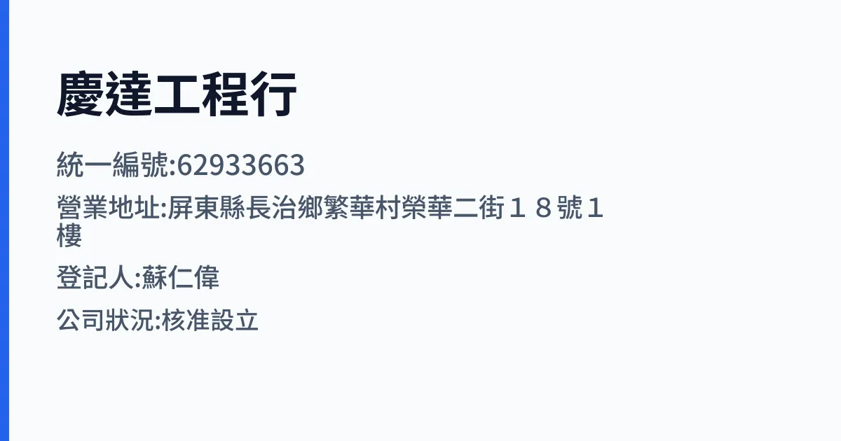 慶達工程行 - 統編 62933663(屏東縣) 公司登記資料與營業項目詳細圖表