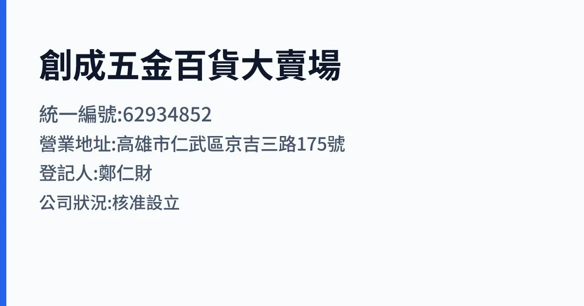 創成五金百貨大賣場 - 統編 62934852(高雄市) 公司登記資料與營業項目詳細圖表