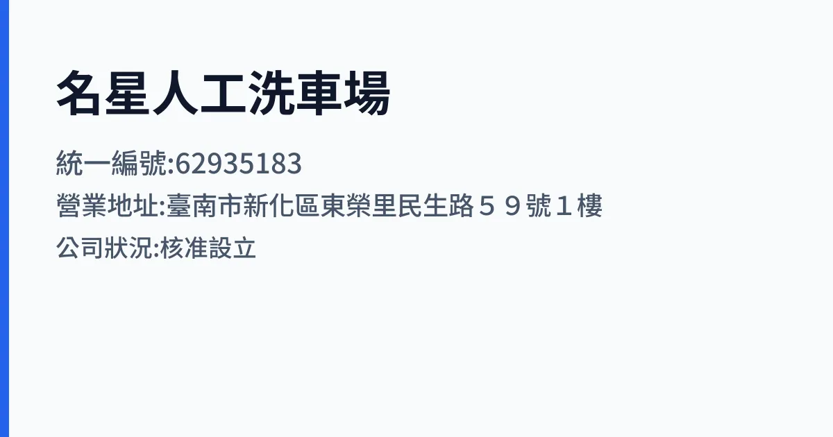 名星人工洗車場 - 統編 62935183(臺南市) 公司登記資料與營業項目詳細圖表