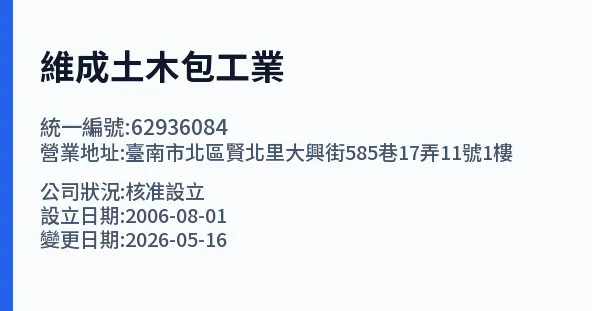 維成土木包工業的照片-統編 62936084(臺南市) 公司登記資料與營業項目詳細圖表