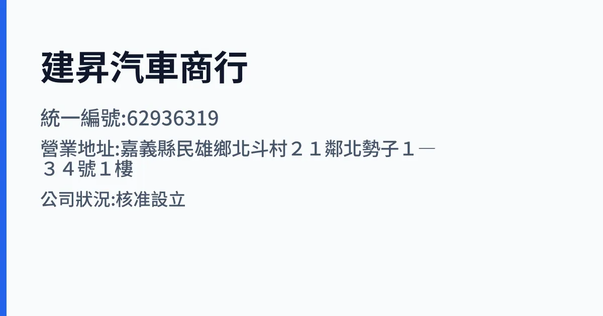 建昇汽車商行 - 統編 62936319（嘉義縣） 公司登記資料與營業項目詳細圖表