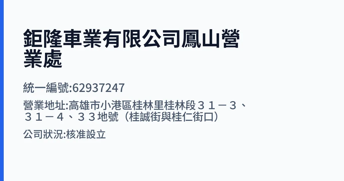 鉅隆車業有限公司鳳山營業處 - 統編 62937247（高雄市） 公司登記資料與營業項目詳細圖表