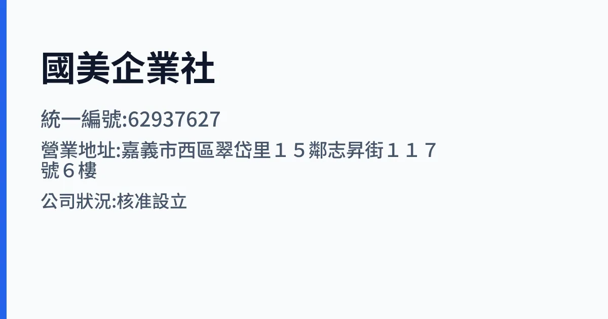 國美企業社 - 統編 62937627(嘉義市) 公司登記資料與營業項目詳細圖表