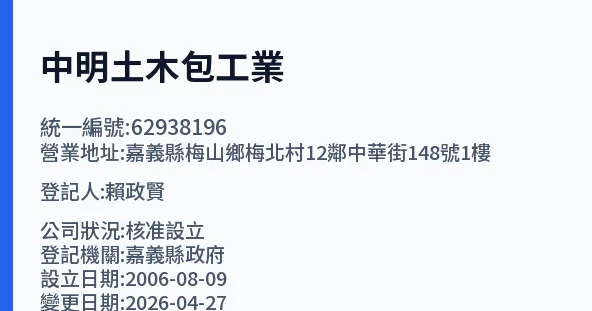 中明土木包工業的照片-統編 62938196(嘉義縣) 公司登記資料與營業項目詳細圖表