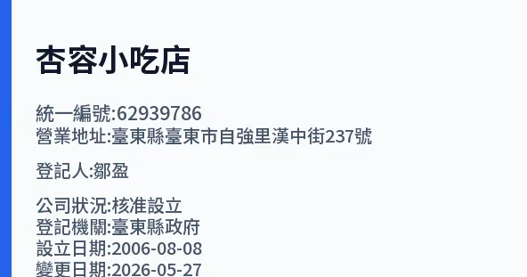 杏容小吃店的照片-統編 62939786(臺東縣) 公司登記資料與營業項目詳細圖表