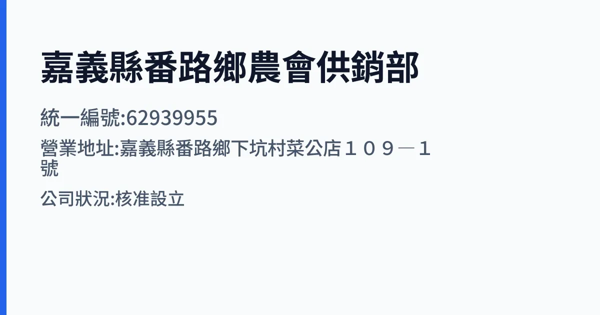 嘉義縣番路鄉農會供銷部 - 統編 62939955(嘉義縣) 公司登記資料與營業項目詳細圖表