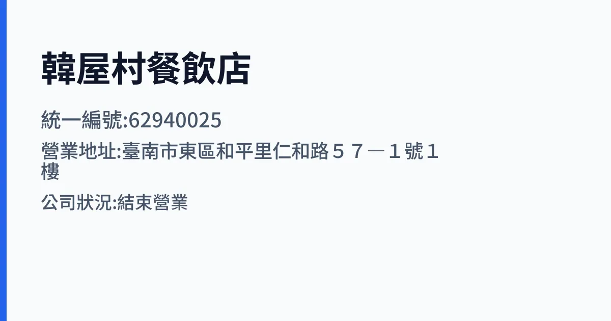 韓屋村餐飲店 - 統編 62940025(臺南市) 公司登記資料與營業項目詳細圖表