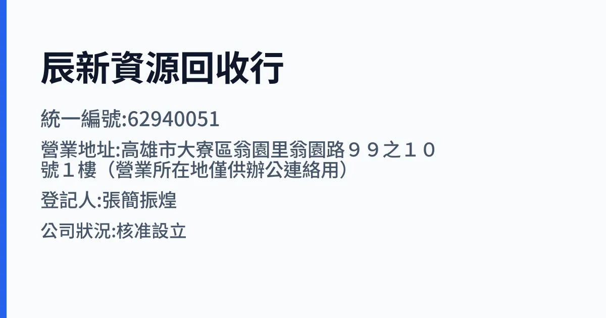 辰新資源回收行 - 統編 62940051(高雄市) 公司登記資料與營業項目詳細圖表
