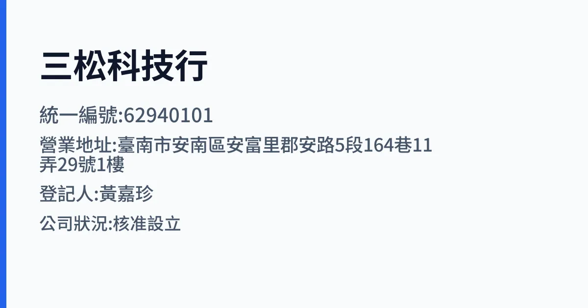 三松科技行 - 統編 62940101(臺南市) 公司登記資料與營業項目詳細圖表