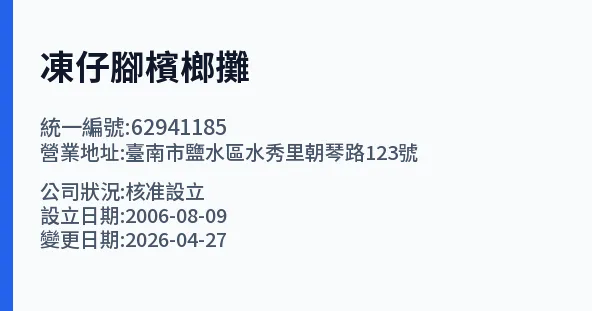 凍仔腳檳榔攤的照片-統編 62941185(臺南市) 公司登記資料與營業項目詳細圖表
