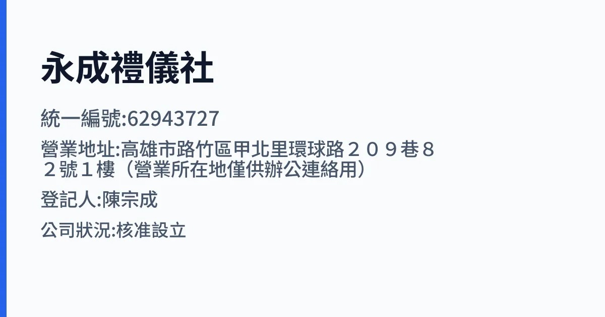 永成禮儀社 - 統編 62943727(高雄市) 公司登記資料與營業項目詳細圖表