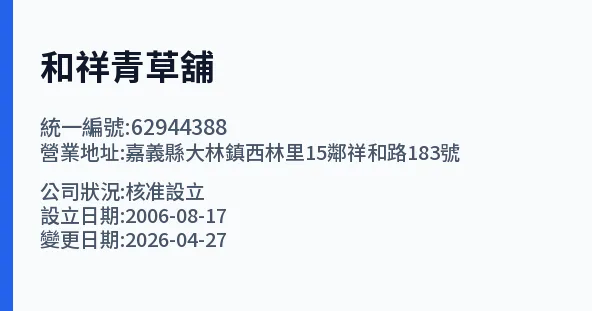 和祥青草舖的照片-統編 62944388(嘉義縣) 公司登記資料與營業項目詳細圖表