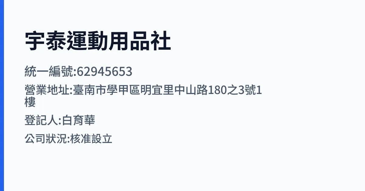宇泰運動用品社 - 統編 62945653(臺南市) 公司登記資料與營業項目詳細圖表