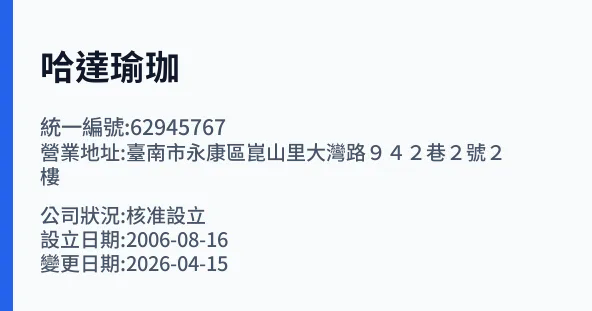 哈達瑜珈的照片-統編 62945767(臺南市) 公司登記資料與營業項目詳細圖表